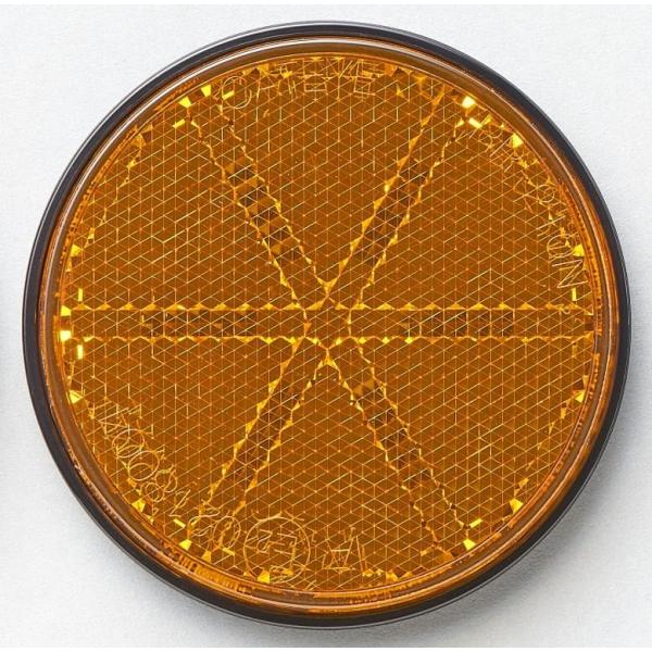 【特徴】　ECE部品認証取得品　ECE認証マーク：1A E2 0218004【材質】　オール樹脂製【カラー】　レンズ：橙　土台：黒【サイズ】　反射部56mmφ　外径59.8mmφ　厚み7.3mm【取付】　両面テープ貼り付け済み 【数量】　１...