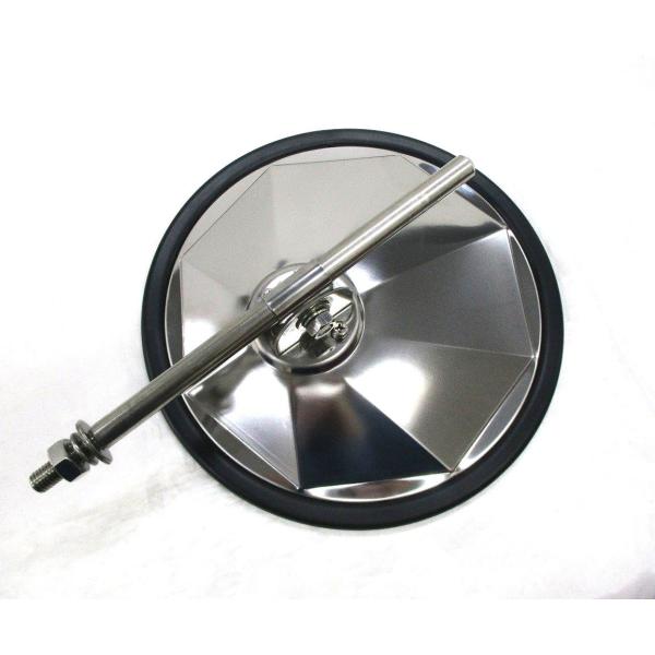 裏面の立体的なフォルムが目立つ！【サイズ】　225mmφ　ステーの長さ：約200ｍｍ（ネジ部含まず）【取り付け可能サイズ】　約19〜30mmφの純正ミラーステーに適合【裏面】　鏡面タイプ【注意事項】・裏面は鏡面タイプですのでご注意下さい。・...