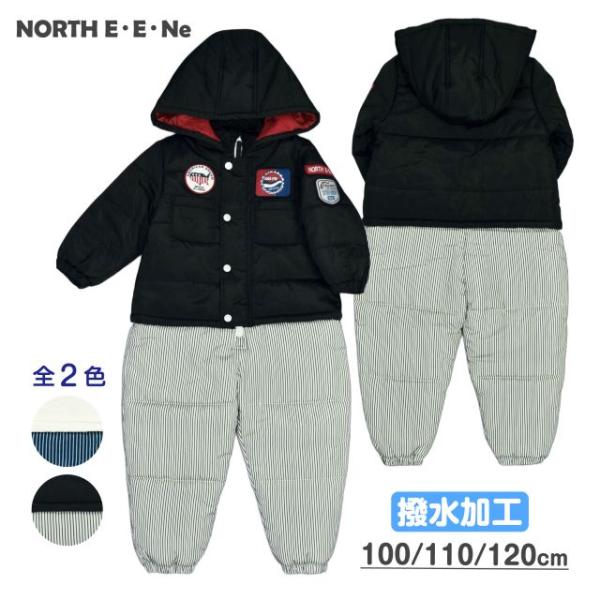 ▼　商品説明撥水加工 ワッペン付き 中綿入り ジャンプスーツ 。無地にストライプ柄パンツのスノーコンビ です。胸元と袖にはかっこいいワッペン付き。はっ水加工が施されているので雨や雪を弾きます。首回りにはシャーリングが入っているので程よいフィ...