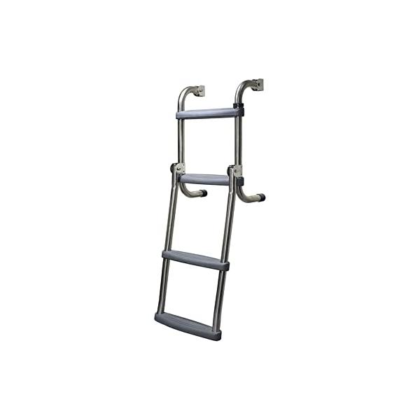 「商品情報」錆びにくいステンレス製 トランサムなどに固定して使用するタイプの折り畳み式ステンレス製ラダーです。艇への固定ブラケットは垂直面・水平面のどちらにも取付可能です。コンパクトなのでトランサム幅が狭い小型ボートなどにも最適です。「主な...