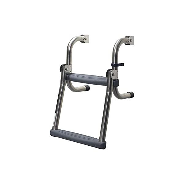 「商品情報」錆びにくいステンレス製 トランサムなどに固定して使用するタイプの折り畳み式ステンレス製ラダーです。艇への固定ブラケットは垂直面・水平面のどちらにも取付可能です。コンパクトなのでトランサム幅が狭い小型ボートなどにも最適です。「主な...