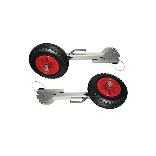 「商品情報」ボートの運搬に必須のボートドーリーです。タイヤは6インチサイズで空気漏れの心配がないノーパンクタイヤです。レバーで角度調節ピンの操作ができ、片手で簡単に跳ね上げ、降ろしが可能です。シャフトは軽量なアルミ製で耐久性を高めるためにア...