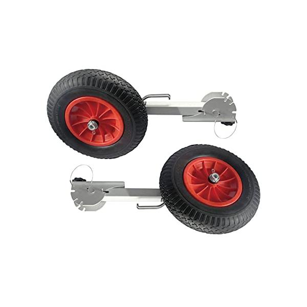 「商品情報」ボートの運搬に必須のボートドーリーです。タイヤは8インチサイズで空気漏れの心配がないノーパンクタイヤです。レバーで角度調節ピンの操作ができ、片手で簡単に跳ね上げ、降ろしが可能です。シャフトは軽量なアルミ製で耐久性を高めるためにア...