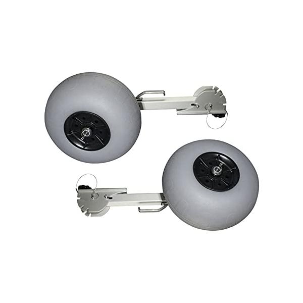 「商品情報」砂地での運搬が楽々に出来るバルーンタイヤのボートドーリーです。レバーで角度調節ピンの操作ができ、片手で簡単に跳ね上げ、降ろしが可能です。シャフトは軽量なアルミ製で耐久性を高めるためにアルマイト処理されています。ノブネジと専用金具...