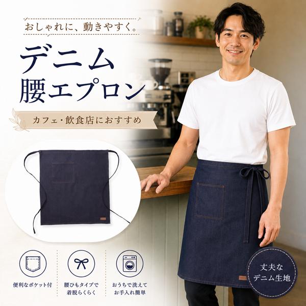 カフェや飲食店、キッチン作業にぴったりなデニム腰エプロンです。落ち着いた濃紺デニム生地に、オレンジ系のステッチを合わせたシンプルでおしゃれなデザイン。男女問わず使いやすく、店舗スタッフ用はもちろん、ご家庭での料理やDIY、ガーデニング作業に...