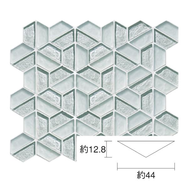 トラベジウム（台形）を幾何学的パターンにしたデザインガラスモザイク。カピス貝のような艶がシンプルな美しさを引き立たせます。■品番：LSN-R5010SE■実寸法：約44×13mm■厚さ：約8.0mm■あたり枚数：3.5袋/m■入数：6個/袋...