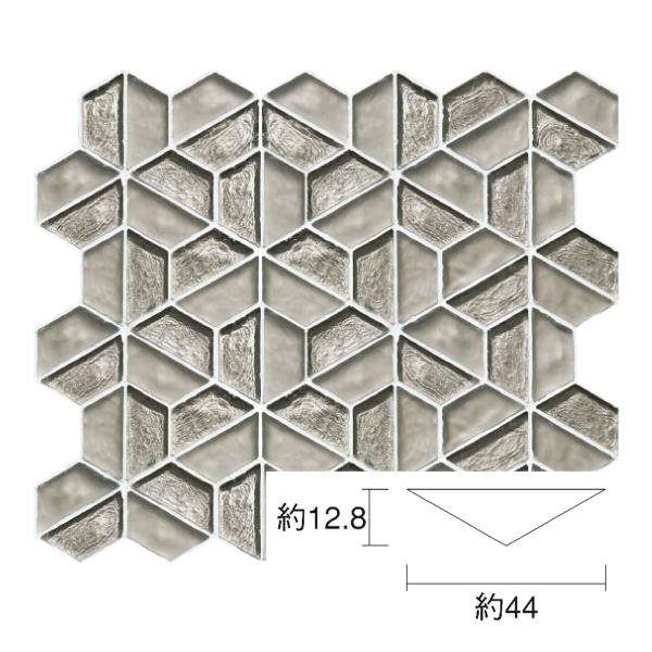 トラベジウム（台形）を幾何学的パターンにしたデザインガラスモザイク。カピス貝のような艶がシンプルな美しさを引き立たせます。■品番：LSN-R5040SE■実寸法：約44×13mm■厚さ：約8.0mm■あたり枚数：3.5袋/m■入数：6個/袋...