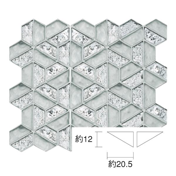 トラベジウム（台形）を幾何学的パターンにしたデザインガラスモザイク。カピス貝のような艶がシンプルな美しさを引き立たせます。■品番：LSN-R5070SE#■実寸法：約22×13mm■厚さ：約8.0mm■入数：4個/袋■特性：耐凍害性<...