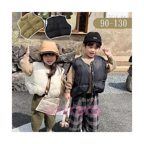 ★男女問わず使えるあったかぬくぬくの子供用ダウンベストです。★冬不可欠の防寒服です。素材:ポリエステル中綿：ダウン90％以上サイズ： 【90】着丈40cm、バスト64cm、参考身長80-90cm【100】着丈42cm、バスト68cm、参考身...
