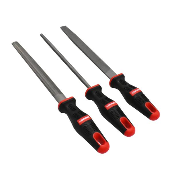 ■商品説明：金属の削り作業に使用する、平、丸、半丸のヤスリセットです。力が掛けやすく握りやすい、ラバーグリップです。■商品仕様：[セット内容]・平、丸、半丸[共通仕様]・全長：315mm・ヤスリ長：200mm・目の粗さ：中目・材質：炭素鋼■...