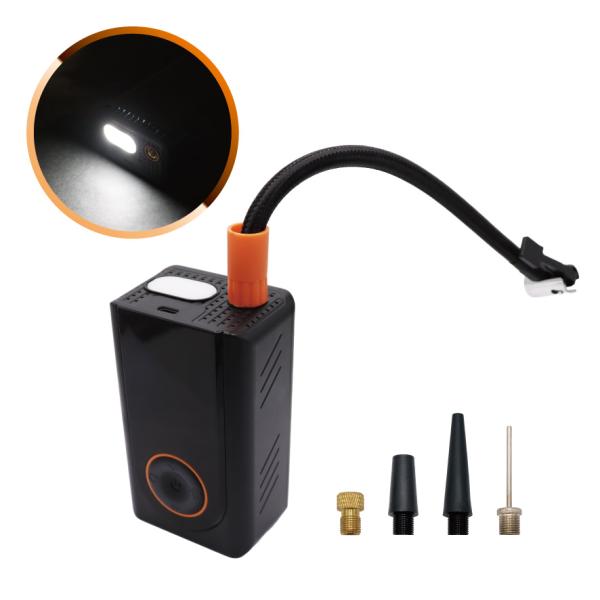 ■商品説明：タイヤやボールなどの空気入れを電動で簡単にできます。設定した空気圧で自動停止します。夜間や暗所でも作業ができるLEDライト付きです。■商品仕様：・サイズ：W7.5cm×D5cm×H12.5cm・エアホース長：約24cm・重量：約...