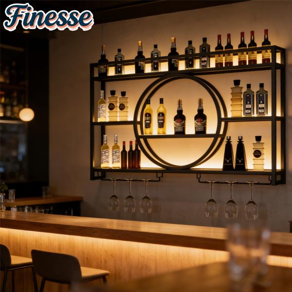 【アップグレード鉄フレーム】LED照明付き酒瓶棚壁に取り付けられたワインラックは厚くなった鉄パイプで作られ、アップグレードして強化されており、強力で安定した強力な支持力、変形がなく、より耐久性があり、新品同様の長期使用が可能です。【革新的な...