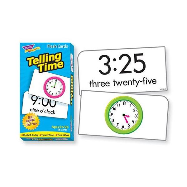5分ごとの時計の読み方を学習します。表にはアナログ時計のイラスト、裏にはデジタル表記と読み方が印刷されています。3通りの遊び方を紹介。(o'clock, 15, 30, 45分各12枚/5,10,20,25,35,40,50,55分各6枚)...