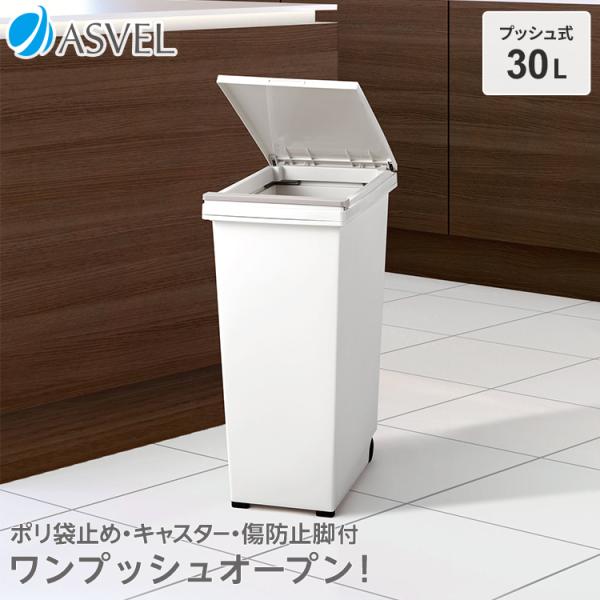 ワンプッシュで簡単開閉のゴミ箱。掃除の際の移動に便利なキャスター付き。容量 ： 30リットル サイズ ： 幅23.2×奥行37.6×高さ52.9cm材質 ： 本体・フタ・フタ枠・レバー・キャスター=ポリプロピレン 脚ゴム=ポリエチレン バネ...