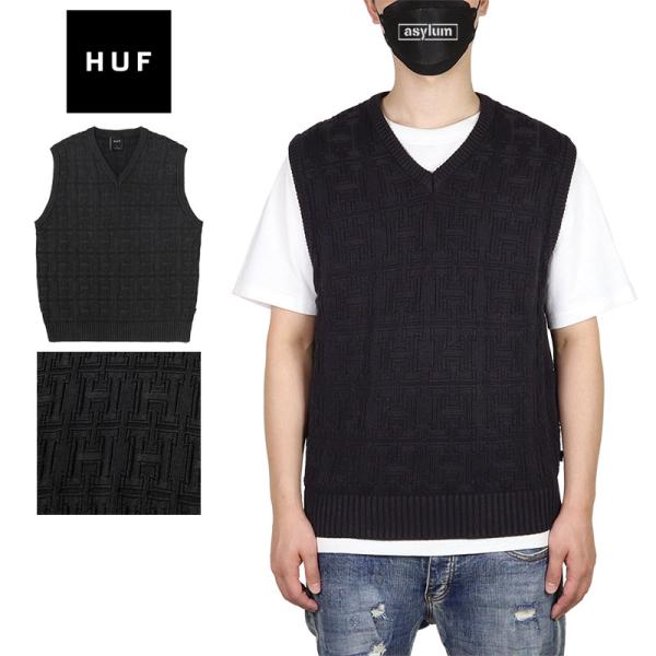 【ジャカードアートワークが映えるVネックベスト】HUF ハフ から展開する「INTERLACED JACQUARD OVERDYED VEST」。豊かな顔料染めのコットン素材に、カスタムクチュール風の「H」模様のジャカードアートワークを落と...