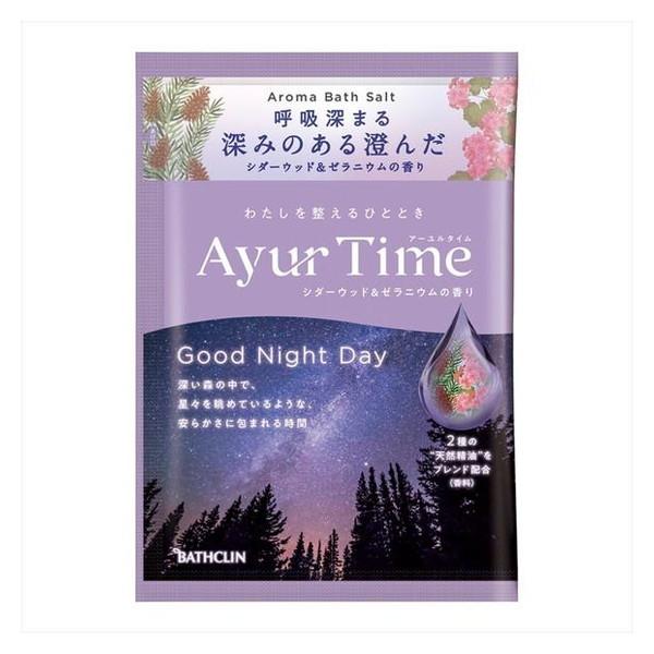 バスクリン アーユルタイム グッドナイトデイ 40g バスソルト 入浴剤 浴用化粧料4548514159174２種の天然精油配合の奥深く繊細な香りと世界遺産生まれの天然海塩（基剤）に浸り心地よくバランスを整えるバス用品・洗面用品:入浴剤:芳...