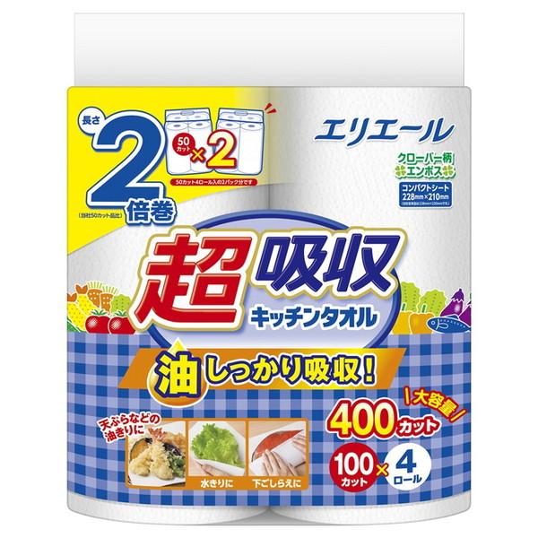 大王製紙 エリエール 超吸収キッチンタオル 100カット×4ロール キッチンペーパー4ロール入りのキッチンタオルで、1ロールあたり100カット　水をぐんぐん吸うのにやぶれにくい！ 4902011823240 紙製品:キッチンタオル:キッチン...