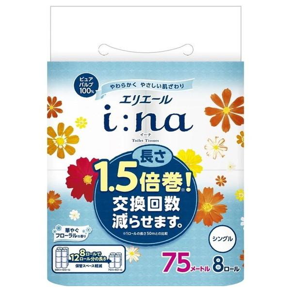大王製紙 エリエール i:na イーナ トイレットティシュー 1.5倍巻 シングル 8ロール入８ロールで１２ロール分の長さ トイレロール トイレットペーパー 4902011824186 紙製品:トイレットペーパー:パルプ広告文責：アットツリ...