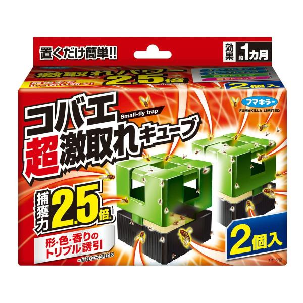 コバエ超激取れキューブ 2個入コバエ/駆除/捕獲/殺虫剤/置くだけ/強力/キッチン 香りで誘うコバエの大好物「お酢」と「お酒」の香りでしっかり誘引●色で誘うコバエが好む「緑」と「黒」の組合せで強力に誘引。●カタチで誘う上に登る習性を利用した...