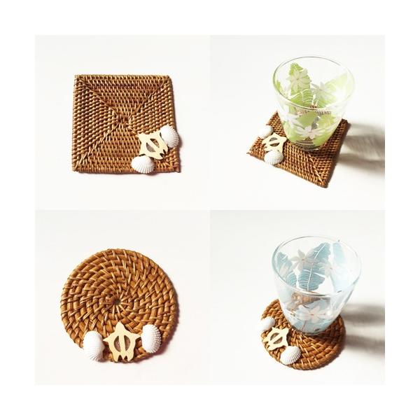 アジアンテイストたっぷりのとてもかわいいホヌのコースターです。ホヌとシェルがアクセントになっていてとても愛らしいコースターです。これからの季節にぴったり、テーブル華やかになります。素材：天然草・貝・ウッドサイズ：約9×9cm生産地：インドネ...