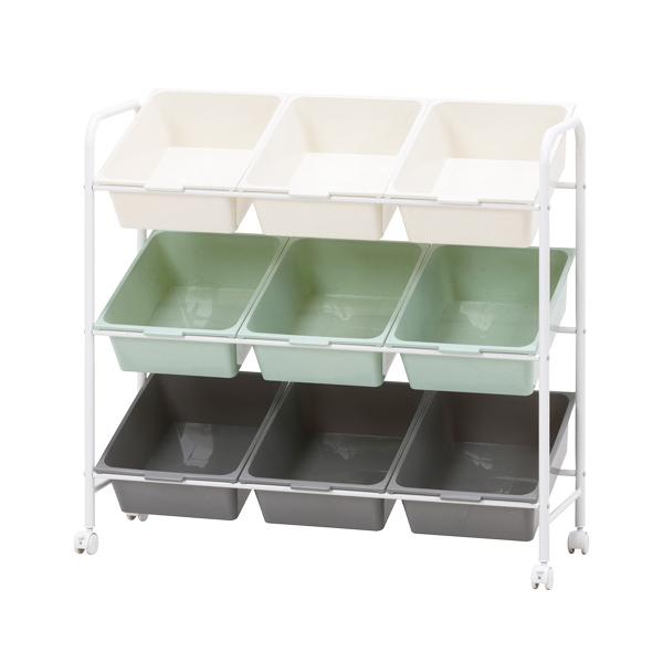 　投げ込みしやすい斜めカゴ仕様でお片付けが身につくキッズ収納ラック。1つずつ取り外すことができるので、お片付けもしやすい！ストッパー付きキャスターで大型でも移動はラクラク。■ サイズ　約幅90.5×奥行36×高さ86センチ　引出し内寸約29...