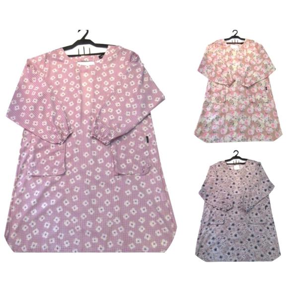 *・☆.。とてもお買い得品です。☆.。:・レディスファッション エプロンプルオーバー割烹着ロング♪生地は透け感のある格子柄に花柄プリント優しい手触りの良い生地です。ポケットに4cmのマチ有り。新品）タグ付き品番：nc4098　☆★☆自宅での...