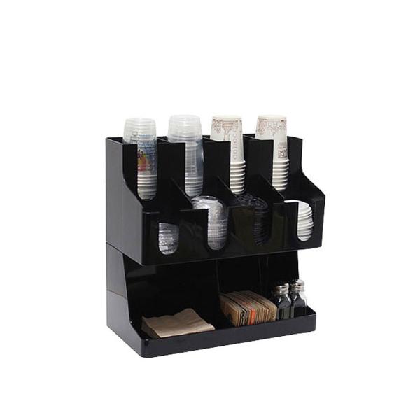 上部8口、下部3口取り外し可能で、上部8口テイクアウトカップと蓋を保管するのに便利です。下部3口はテイクアウトカップやネプキン、シロップボトルなどをきれいに整理することができます。ディスペンサー上部8口、下部3口接続部位ディスペンサー下部3...