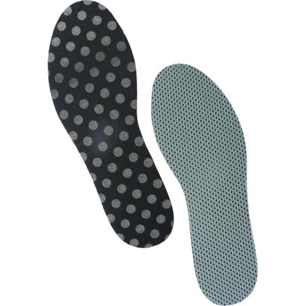 両面使えるリバーシブルタイプのインソールです。銅の糸を織り込んだ繊維「カプロンファイバー」で、ニオイのもとになる雑菌の繁殖を抑えます。水玉プリントには「深海ミネラルパウダー」入り。遠赤外線を放射するので、保温効果があります。足のムレが気にな...