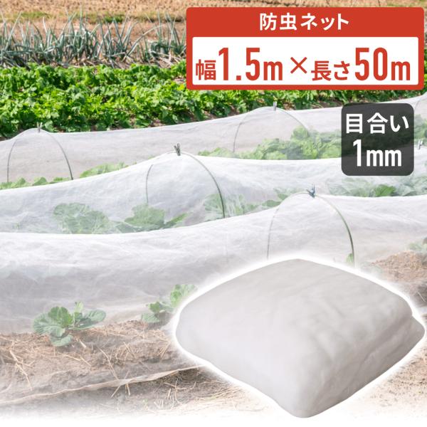 害虫対策ネット1.5×50m◆細かい網目で害虫の侵入を防止約1mmの目合いで害虫の侵入を防止し、品質の高い農作物の栽培をサポートします。※網目より小さい害虫の侵入は防げません。◆高い透光効果によって農作物の育成促進ネット本体はポリエチレン素...