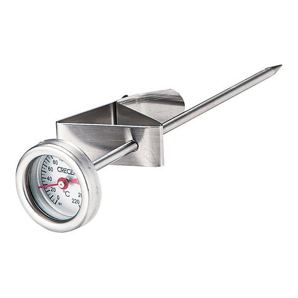 特長サビに強いステンレス製です。揚げ物適温ライン付きです。仕様・規格 鍋取付用クリップ付き温度センサー部の保護キャップ付き測定温度範囲：0〜220℃温度最小表示：5℃サイズ：径32×長さ140mm防水：IPX7材質：SUS304質量：17g