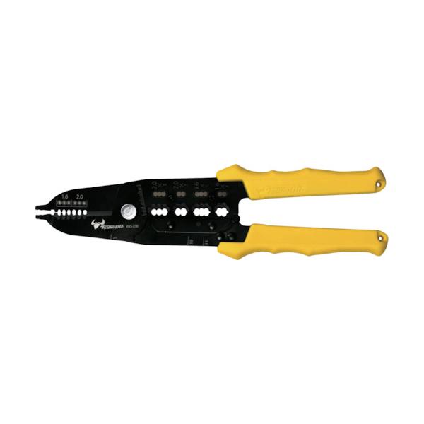 電気工事士技能試験推奨工具です。1丁で外装ストリップ、芯線被覆ストリップ、のの字曲げ、スケール、ケーブル切断の5つの便利な機能を装備しています。芯線を傷つけにくいストリップ補助バネ付です。エラストマーグリップ仕様です。ストラップホール付です...