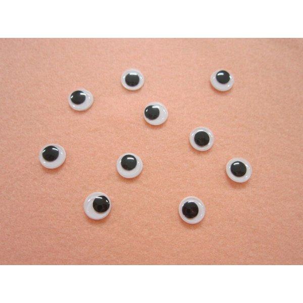 動眼が10個入った少量パックです。貼り付けタイプになっています。粘着なしなので接着剤で取り付けてください。☆丸型黒目10mm動眼（平目）☆10個入り