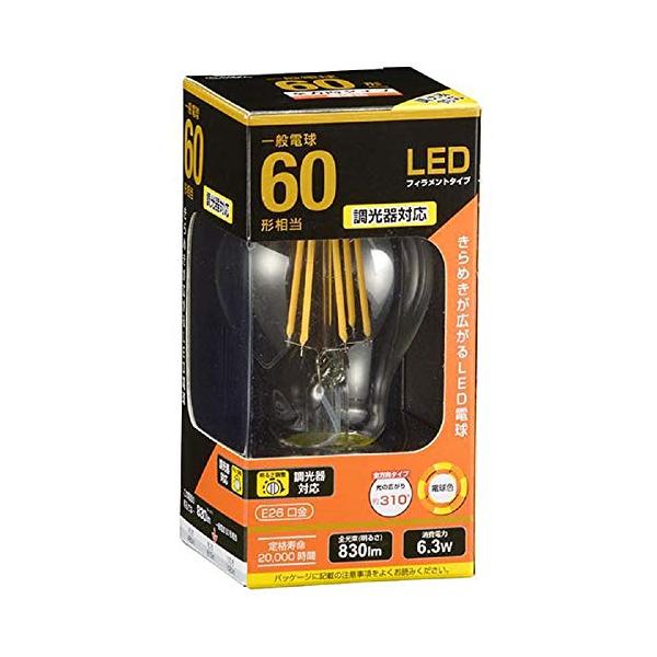 カラー：ホワイトサイズ：60W形相当スタイル：調光器対応【 特 長 】 ● きらめきが広がるLED電球フ ィラメントタイプ ● 一般白熱電球60W相当の明るさ ● 調光器対応（明るさ調整） ● 光の広がり約310°の全方向タイプ ● 全光束...