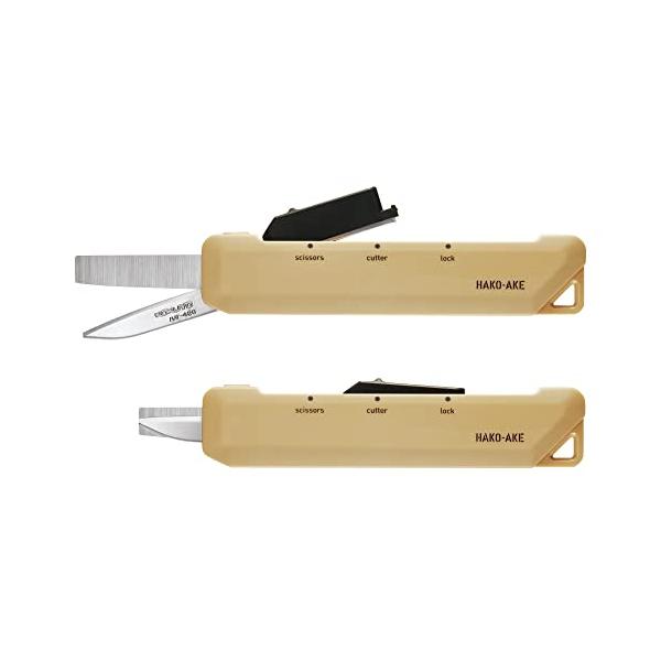 カラー：サンドベージュサイズ：携帯ハサミスタイル：スタンダード刃・サンドベージュサッと切り替え開梱カンタン!2Way携帯ハサミHAKO-AKE【刃タイプ】 スタンダード 【刃渡り寸法】 35mm【板厚】 1.5mm 【外寸法】 全長113×...