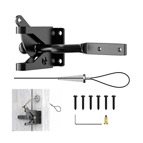 カラー：Black炭素鋼製のプライバシーガーデンドアラッチ、頑丈で信頼性が高く、硬度が高く、安定性が高い。ゲートラッチはケーブルプルリリースを備えており、軽い衝撃で自動的にロックが解除され、ペットの外出を防ぎます。内側と外側にスイングする木...