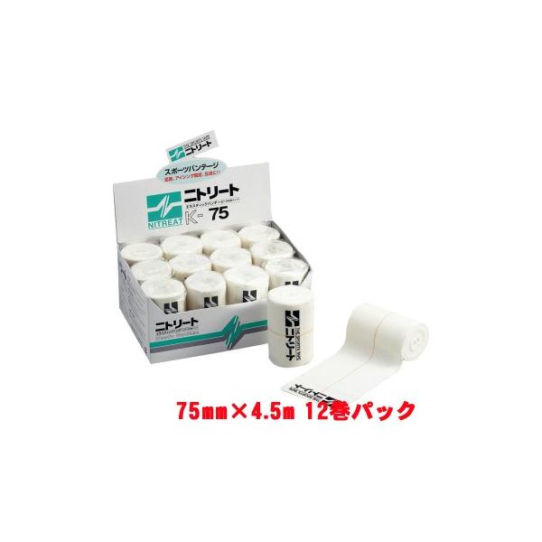 サイズ:75mm×4.5m（伸尺） 仕様その他:1ボックス入数：12ロール ※1ケース（外箱）4ボックス入り 日本陸上競技連盟オフィシャルテープ●2015総合 特徴:主に足首のねんざ予防やアイシングの固定・圧迫に使用されるスポーツバンテージです。