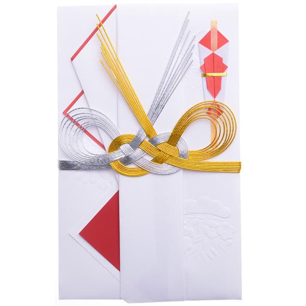 金封本体に鶴・松・竹・梅模様を型押した婚礼用金封中包付　【サイズ】幅約11.5cm、縦約18.5cm金額の目安：1万円〜3万円くらいまで