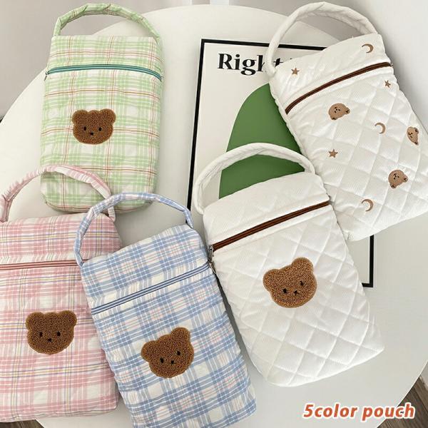 キルト ポーチ キルティング おむつポーチ 韓国 くま キッズ ベビー マタニティ 小物入れ 収納 お洒落 おしゃれ 可愛い アニマル 動物 チェック柄 ピンク/ブルー/グリーン/ホワイト 女の子 イブル ヌビバッグ オムツポーチ ギンガム...