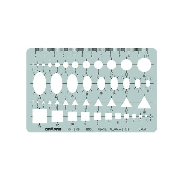 ◆◆用途◆◆製図用の型板(テンプレート)。◆◆機能◆◆円、楕円、三角、四角が入った45穴の総合定規です。◆◆仕様◆◆●サイズ：90×140×1.0mm。●片面つや消し。●インクエッジ付。◆◆材質◆◆●アクリル樹脂。