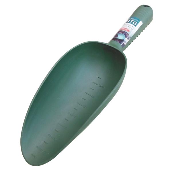 手が疲れにくく、軽くて丈夫！【用途】●便利な目盛付●土入れ・植え替え作業に商品名：sita 深型スコップJANコード：4954458283514品番：A254全長：300MM重量：約70g