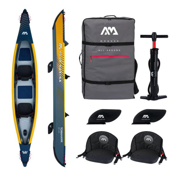 ■長さ：440cm■幅：78cm■重量：20.3kg■適応体重：210kgまで■最大空気圧：10psi■ドレンバルブ：2■セット内容：本体、バック、ハンドポンプ、シート×2、フィン×2※パドル付属無し●持ち運びや保管に便利な、2人乗りインフ...