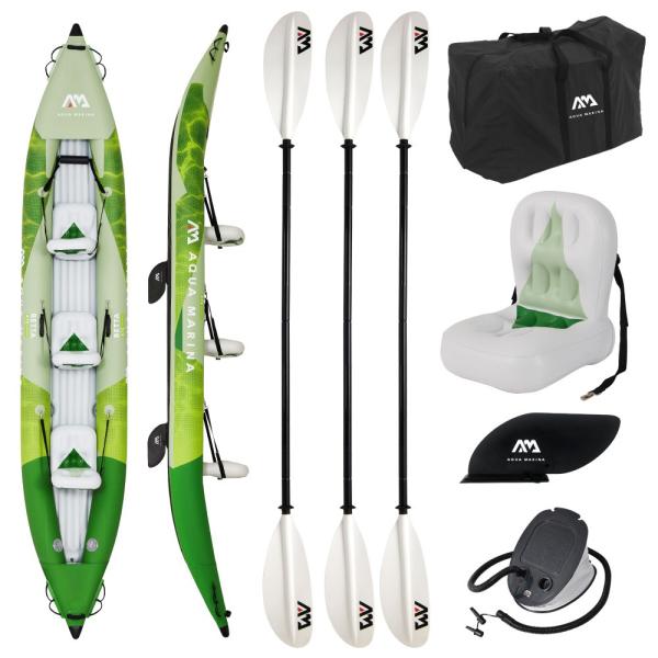 ■長さ：475cm■幅：80cm■重量：15kg■最大積載量：230kgまで■ドレンバルブ：1+4■セット内容：本体、バッグ、フットポンプ、シート×3、パドル×3、フィン×2●持ち運びや保管に便利な、3人乗りインフレータブル式カヤック。●カ...