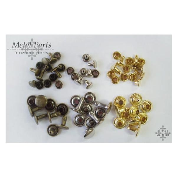 ※選択肢がある商品で記載のない番号は廃色です。■サイズ：頭直径約5mm、6mm、9mm　　　　　　足長さ約5mm、6mm、8mm、9mm、11.5mm■カラー：アンティークゴールド、シルバー、ゴールド■素材：鉄（極小カシメAK-60-7のゴ...