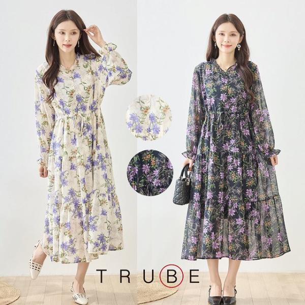 TRUBE ワンピース 長袖 フラワー プリント シフォン ミモレ丈 チュニック レディース 婦人服 春 夏 M L 紺 アイボリー 20代 30代 40代 50代 60代 即日発送 送料無料 体型カバー ドレス 通勤 日常着 普段着 旅行...