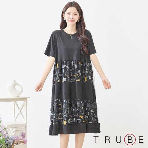 TRUBE ワンピース 半袖 フレアー レディース チュニック キャンプ用品柄 大人可愛い チュール 膝下丈 ミディ丈 春 夏 M L ブラック 黒 20代 30代 40代 50代 60代 即日発送 送料無料 体型カバー 通勤 普段着 旅行...
