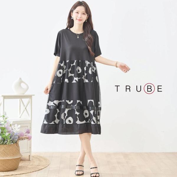 TRUBE ワンピース 半袖 フレアー レディース チュニック フラワー 大人可愛い チュール 膝下丈 ミディ丈 春 夏 M L ブラック 黒 20代 30代 40代 50代 60代 即日発送 送料無料 体型カバー 通勤 普段着 旅行 クル...