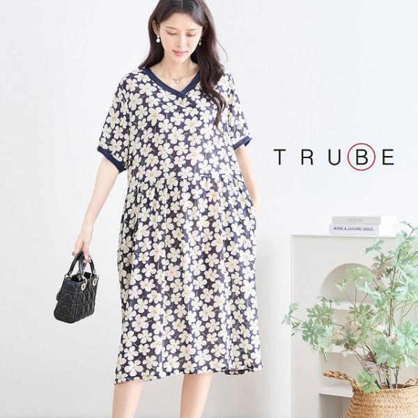 TRUBE ワンピース 半袖 フラワー柄 Vネック 綿100％ コットン レディース チュニック 膝丈 春 夏 M L 紺 ネイビー 30代 40代 50代 60代 即日発送 送料無料 体型カバー ドレス 通勤 普段着 旅行 クルーズ ワン...