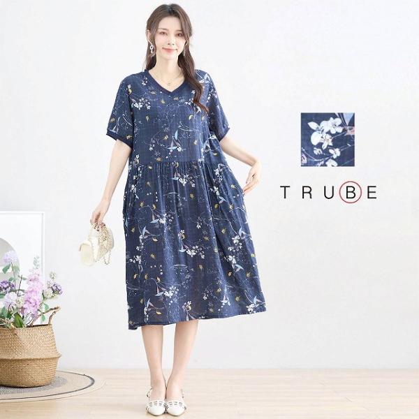 TRUBE ワンピース 半袖 フラワー柄 Vネック 綿100％ コットン レディース チュニック 膝丈 ポケット付き 春 夏 M L 紺 ネイビー 30代 40代 50代 60代 即日発送 送料無料 体型カバー ドレス 通勤 普段着 旅行 ...