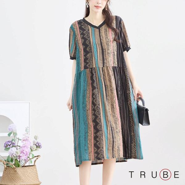 TRUBE ワンピース 半袖 Vネック 綿100％ コットン レディース チュニック エスニック 膝丈 春 夏 M L 黒 グリーン 30代 40代 50代 60代 即日発送 送料無料 体型カバー ドレス ワンマイルウエア 通勤 普段着 旅...