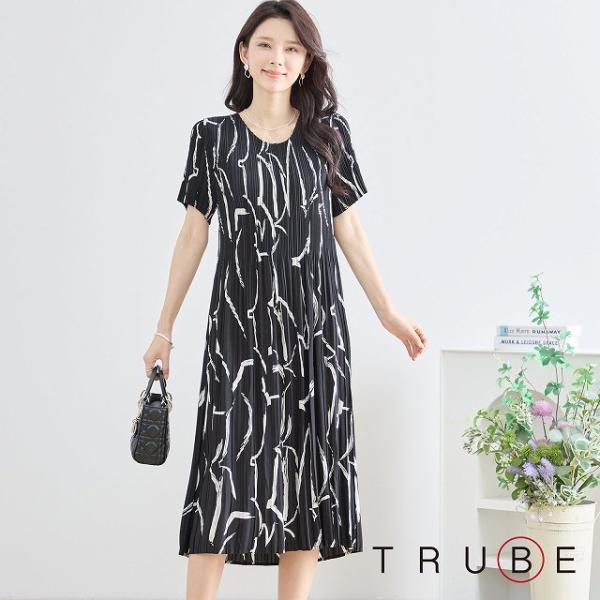 TRUBE ワンピース 半袖 マイクロプリーツ 抽象ライン チュニック レディース ミディ丈 春 夏 M L 黒 ブラック アバンギャルド 20代 30代 40代 50代 60代 即日発送 送料無料 体型カバー ドレス 通勤 日常着 普段着...